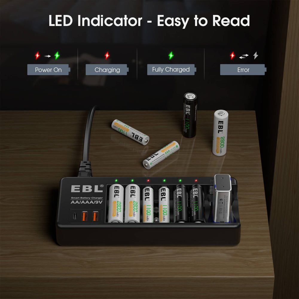 Individual Battery Charger with AA AAA 9V Rechargeable Batteries