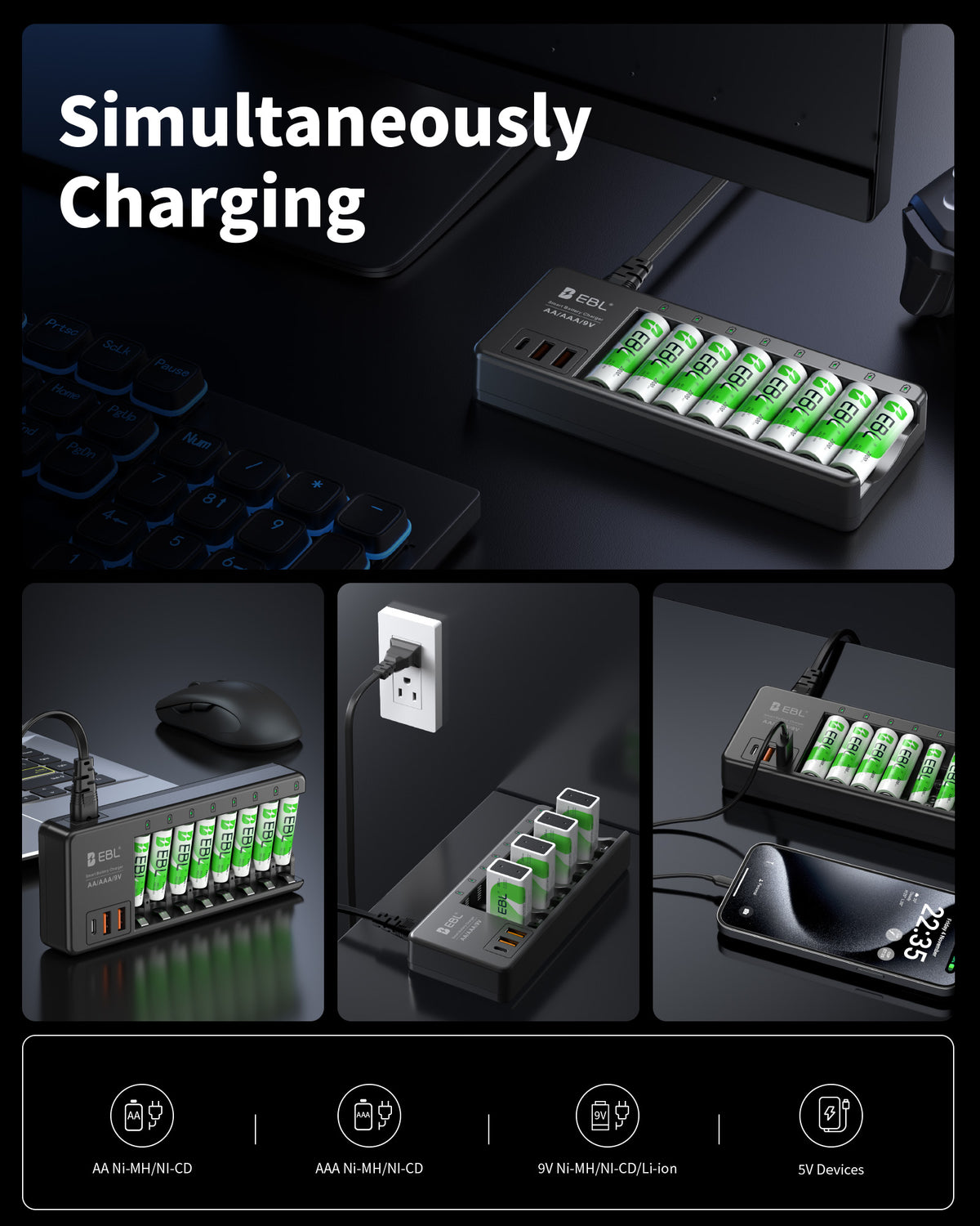 Individual Battery Charger with AA AAA 9V Rechargeable Batteries