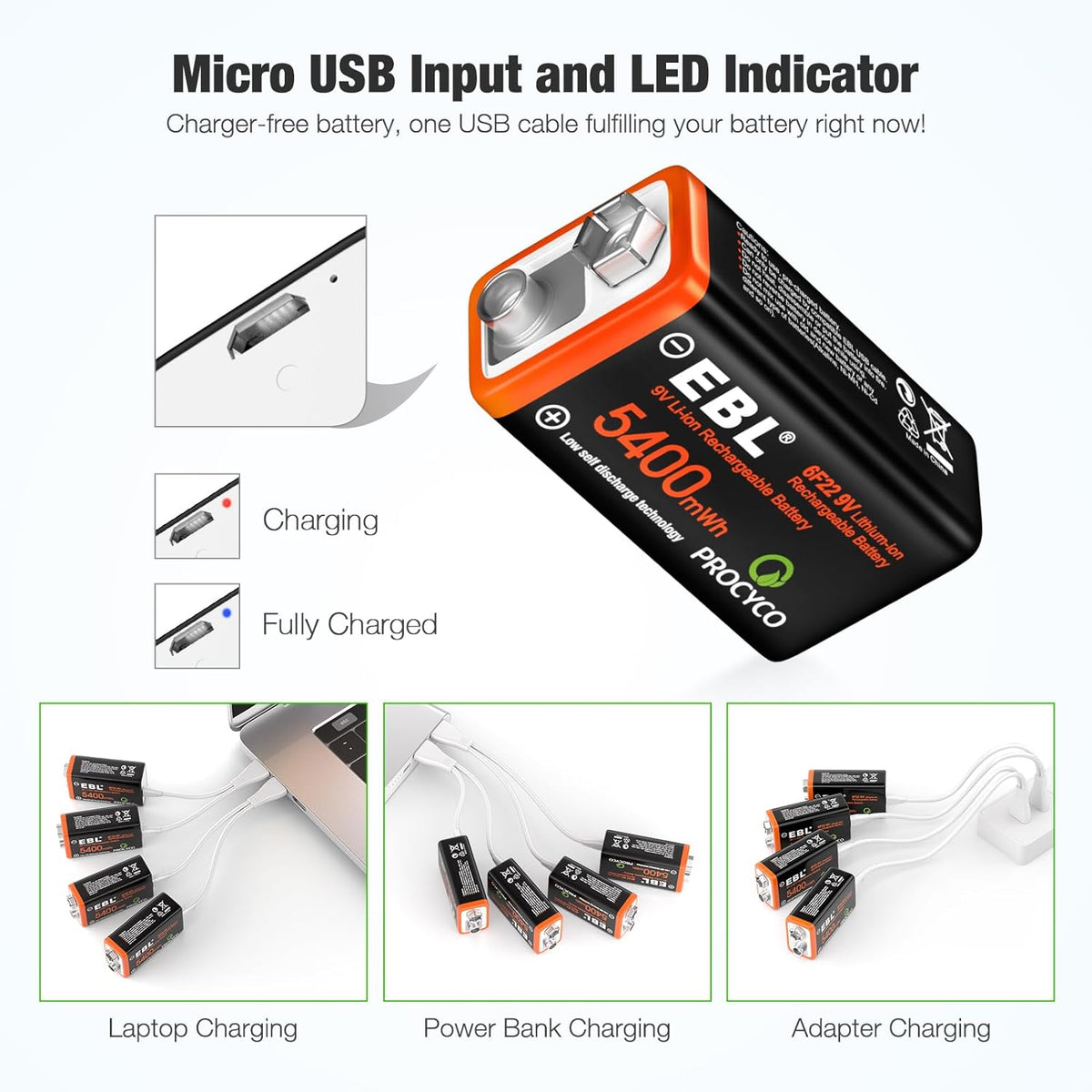 Shop USB Rechargeable 9V Lithium Batteries with Micro Charging Cable
