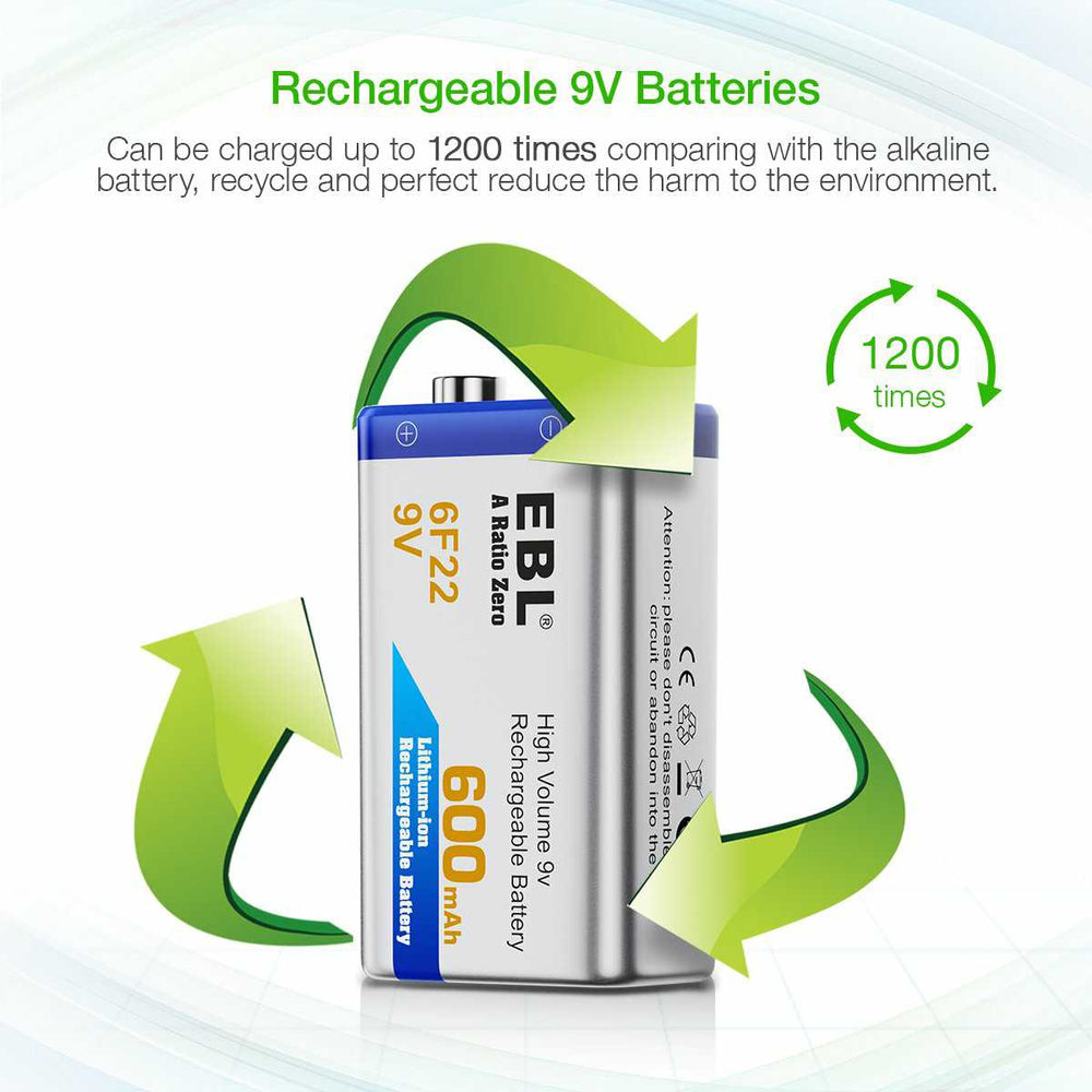 EBL 9V Lithium Ion Battery - Rechargeable 600mAh