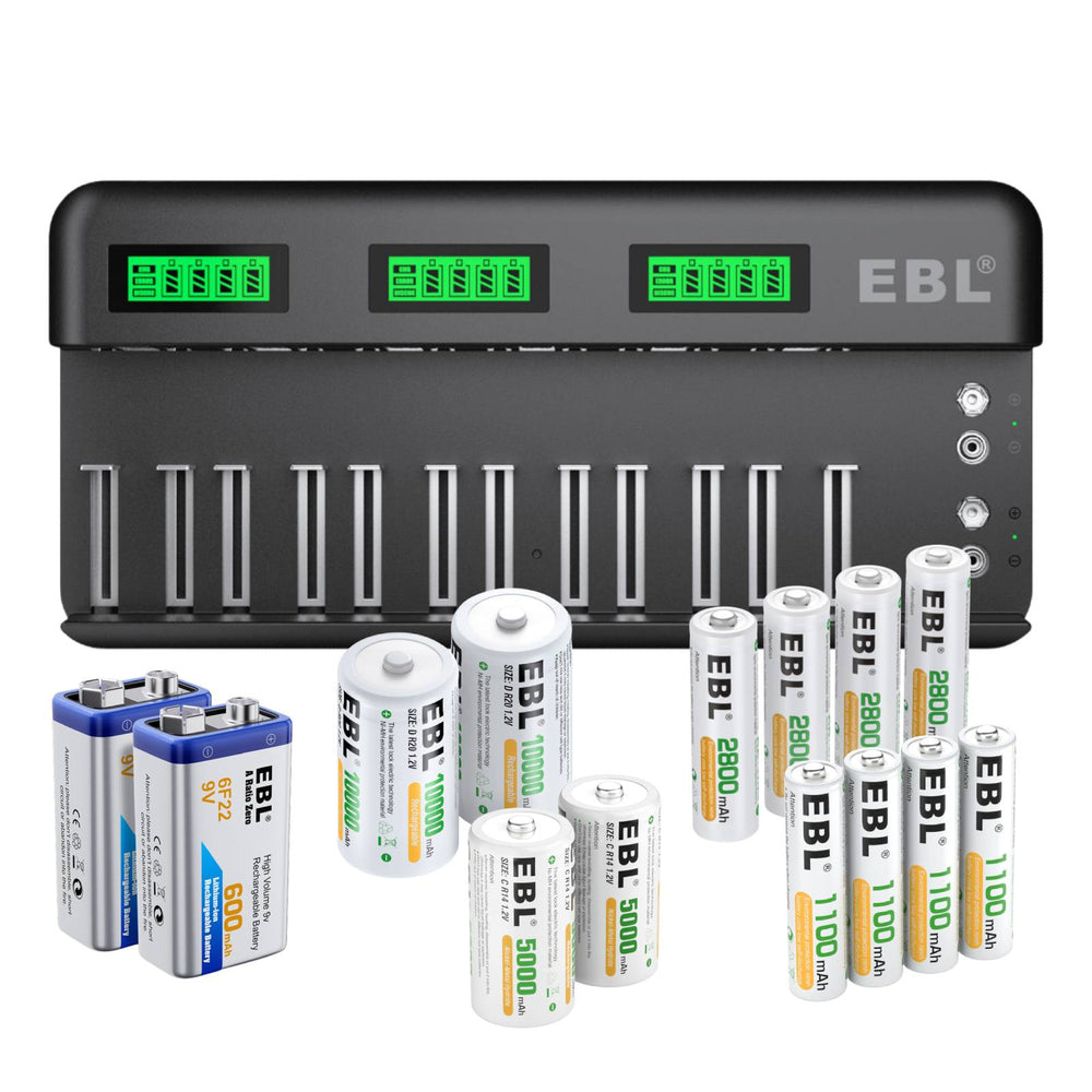 EBL 12+2 Bay Universal Charger and AA AAA C D 9V Batteries