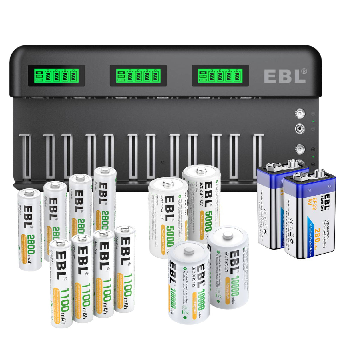 EBL 12+2 Bay Universal Charger and AA AAA C D 9V Batteries