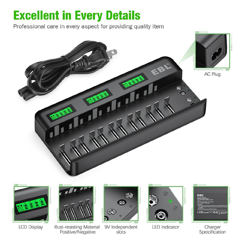 EBL 12+2 Bay Universal Charger and AA AAA C D 9V Batteries