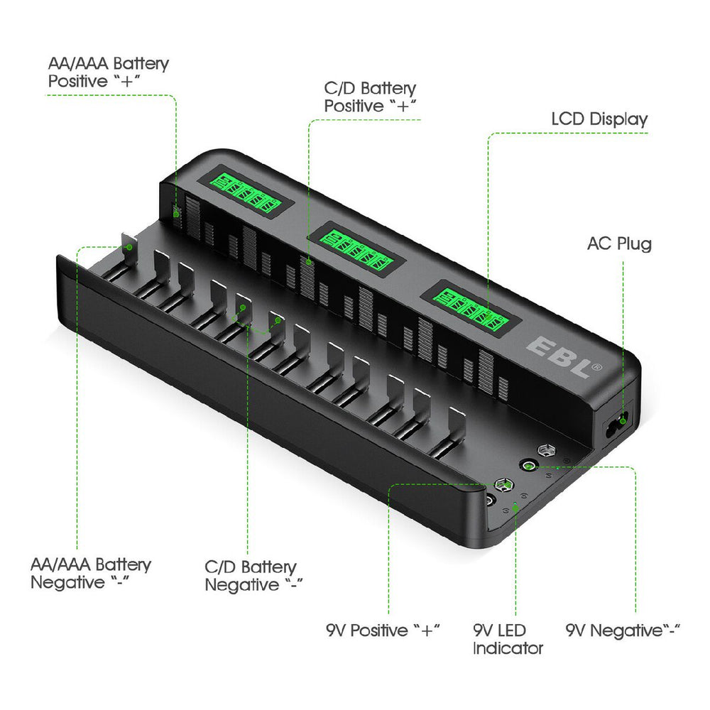 EBL 12+2 Bay Universal Charger and AA AAA C D 9V Batteries