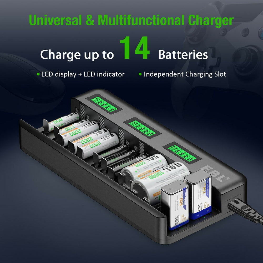 EBL 12+2 Bay Universal Charger and AA AAA C D 9V Batteries